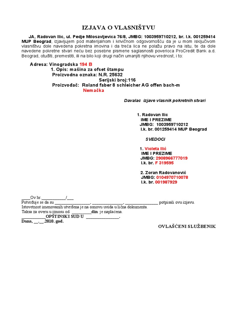 Izjava o Vlasnistvu - OBRAZAC ZA OVERU NA SUDU | PDF