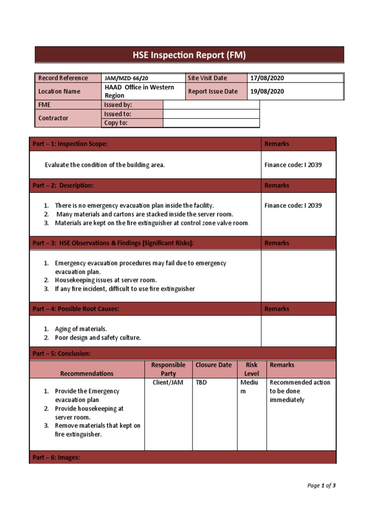 HSE Inspection Report (FM) : JAM/MZD-66/20 | PDF