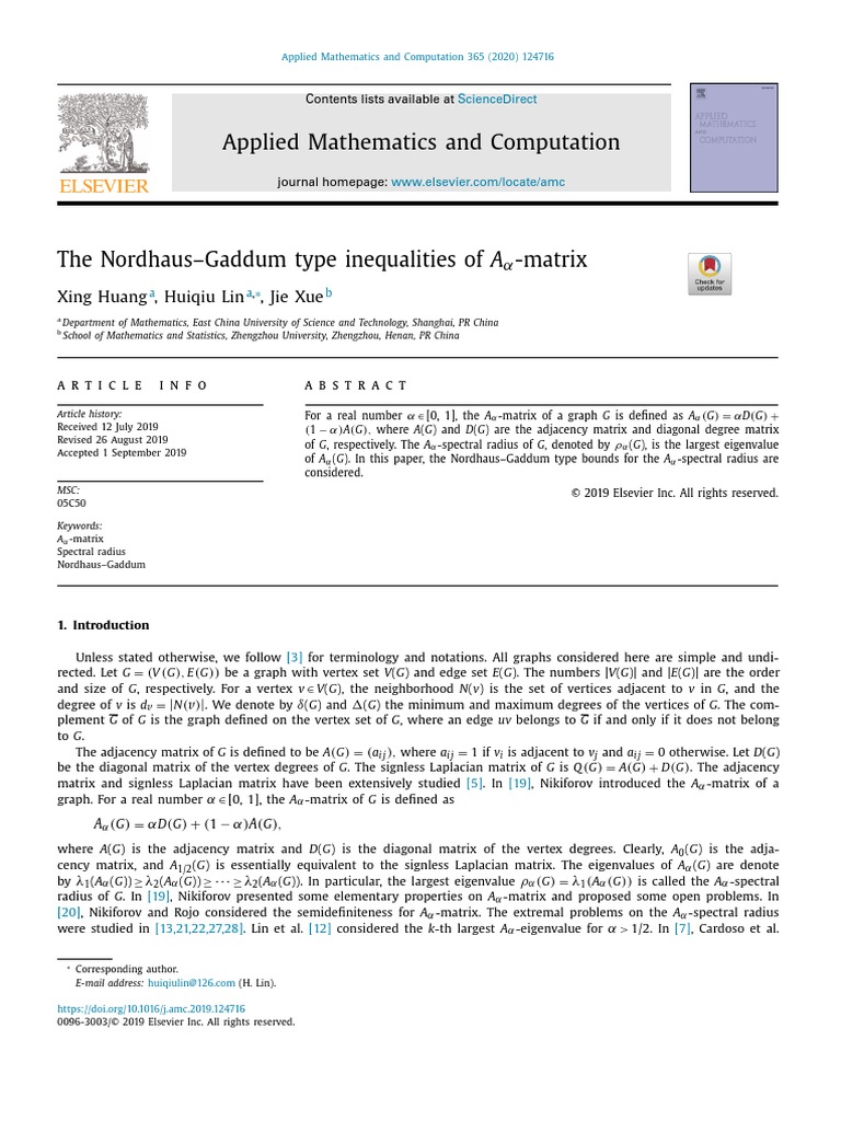 The Nordhaus-Gaddum Type Inequalities of A Alpha Matrix | PDF | Eigenvalues And Eigenvectors ...
