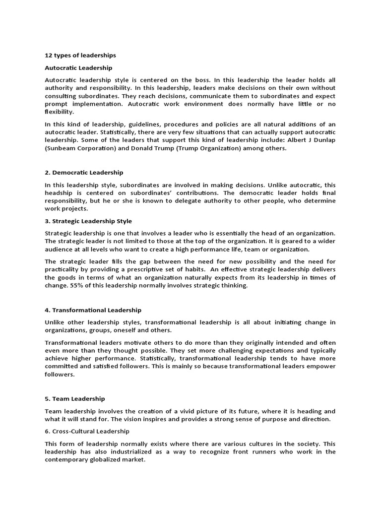 12 Types of Leaderships | PDF | Transformational Leadership | Leadership
