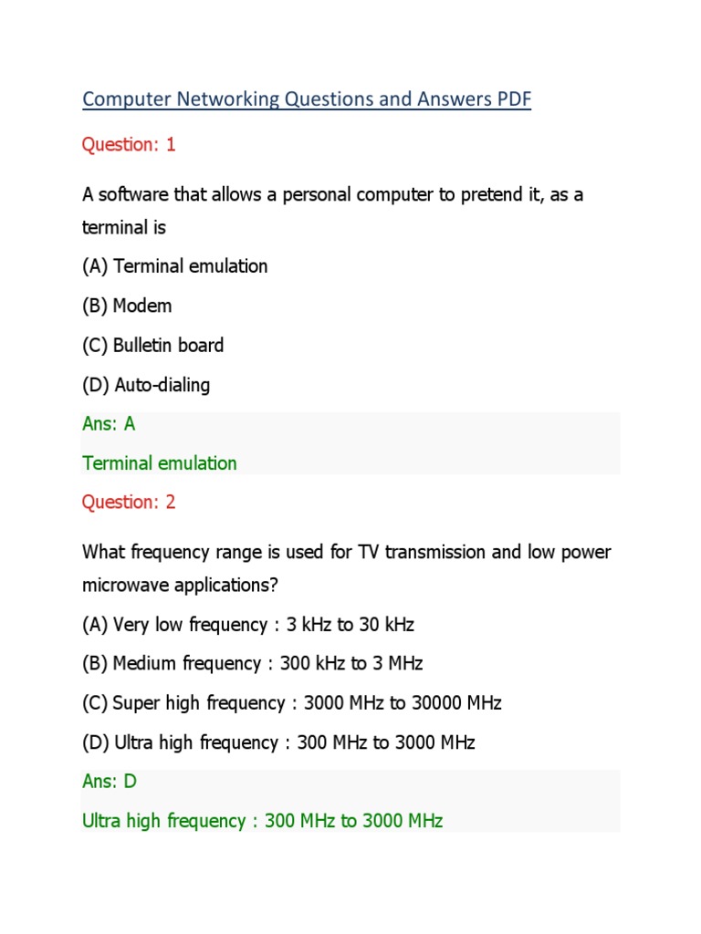 Computer Networking Questions and Answers PDF: Ans: A Terminal Emulation | PDF