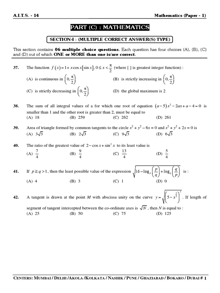 Mathematics Paper - 1 (Question Paper) FINAL | PDF | Trigonometric ...