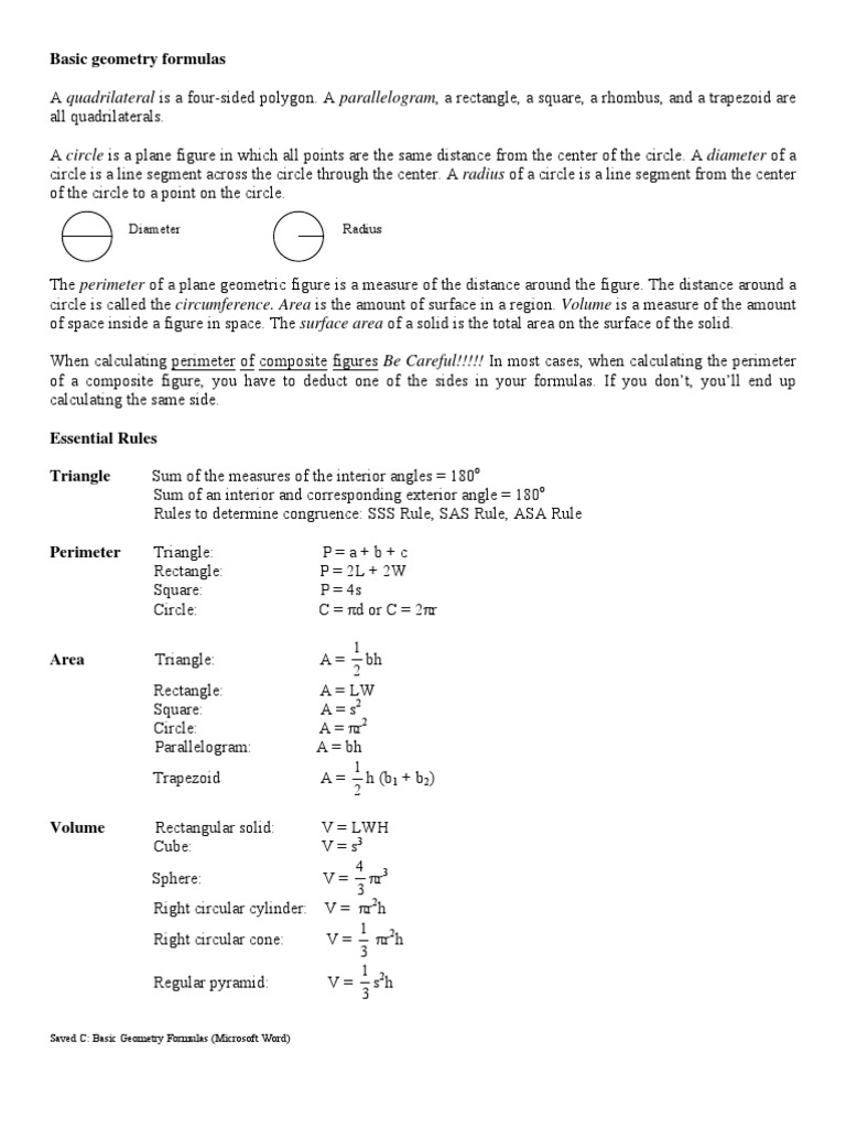 Geometry Formulas | PDF | Area | Circle