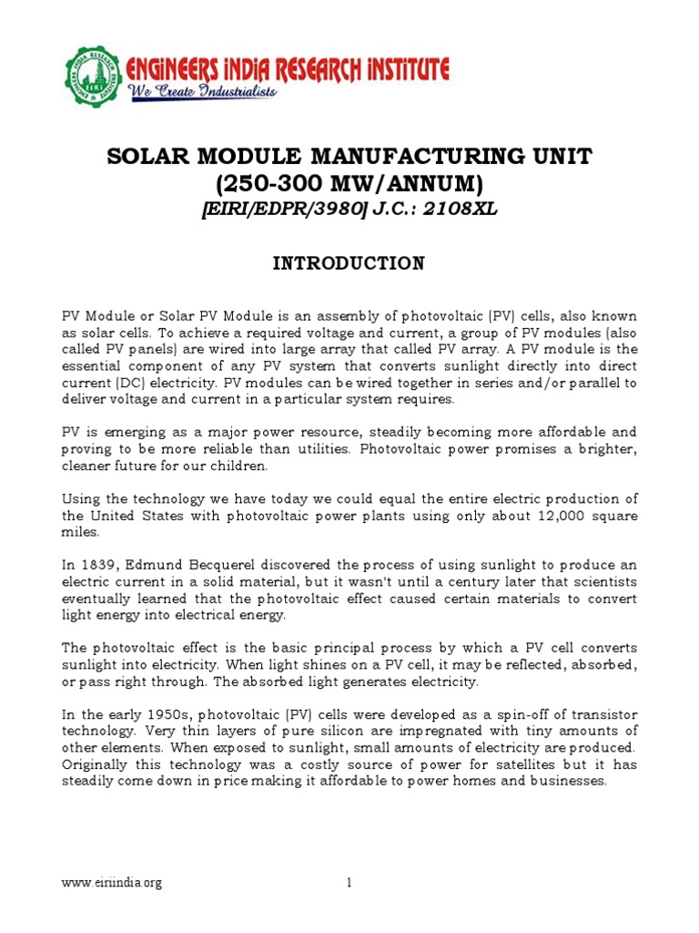 Project Report On Solar Module Manufacturing Unit (250-300 Mw/annum ...