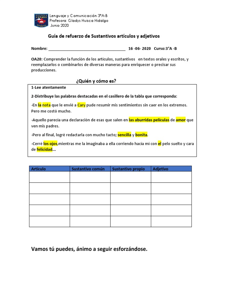 Guía de Refuerzo de Sustantivos Artículos y Adjetivos | PDF