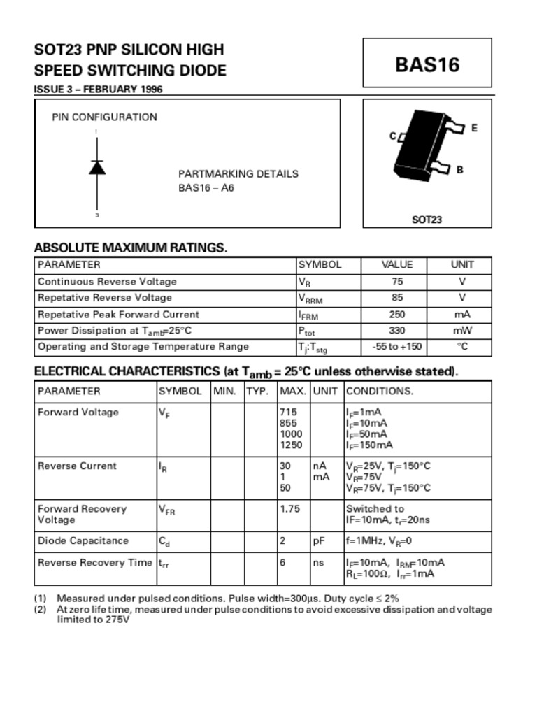 BAS16 BAS16: Sot23 PNP Silicon High Speed Switching Diode | PDF | Diode ...