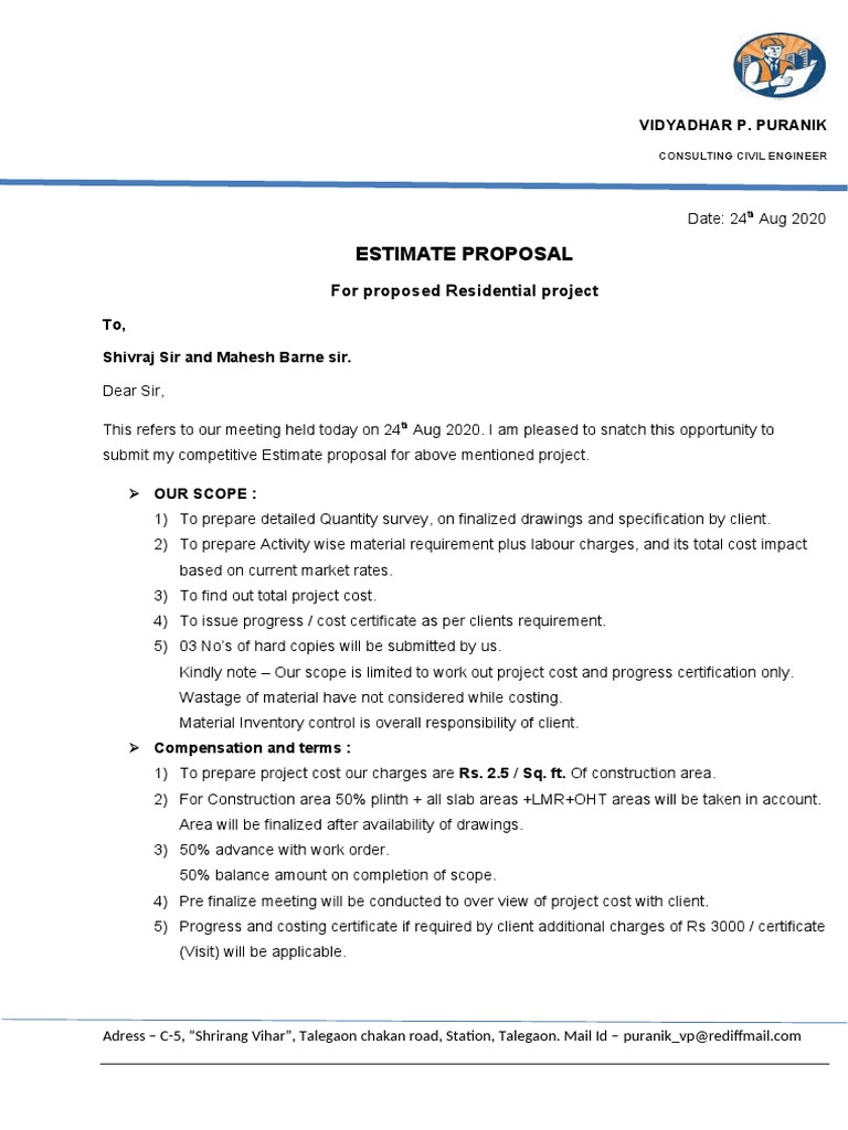 Estimate Proposal for Residential Project | PDF | Economic Sectors ...