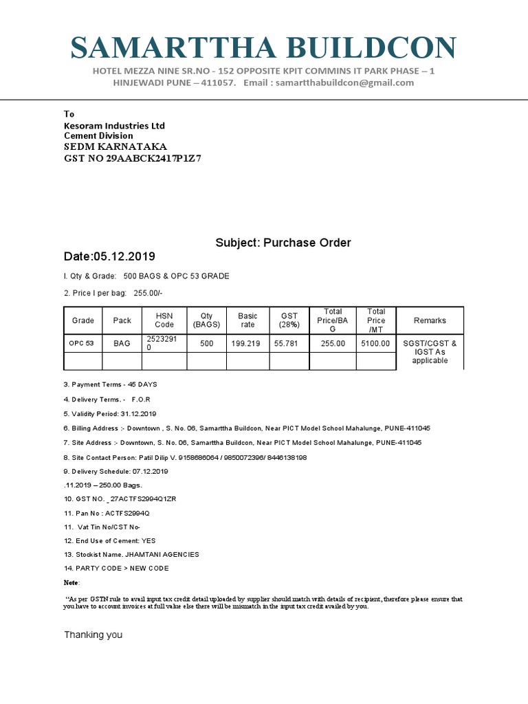 Purchase Order from Samarttha Buildcon to Kesoram Industries Ltd for ...