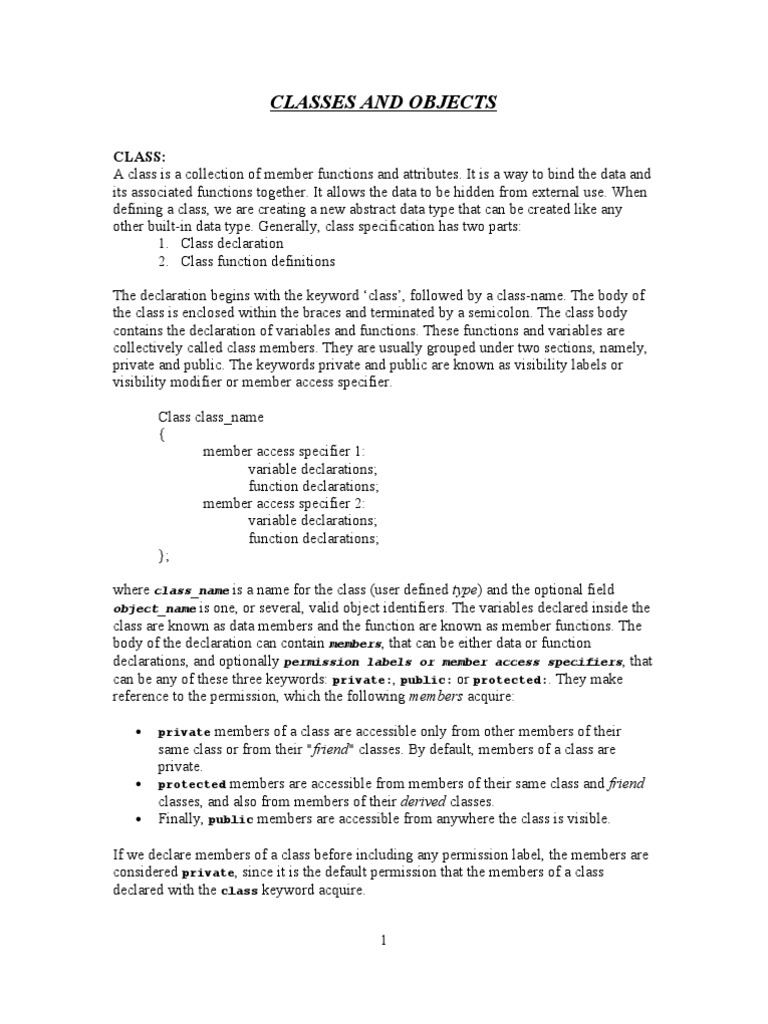 Classes And Objects Class Pdf Class Computer Programming Scope Computer Science