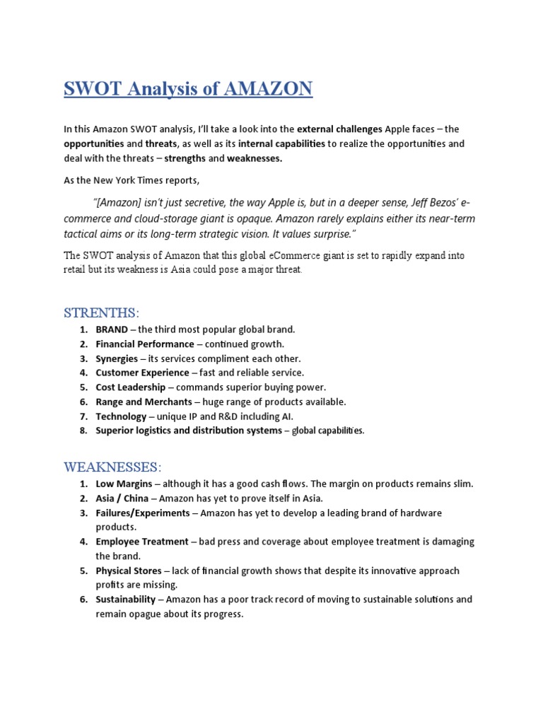 SWOT Analysis of AMAZON | PDF | Retail | Swot Analysis