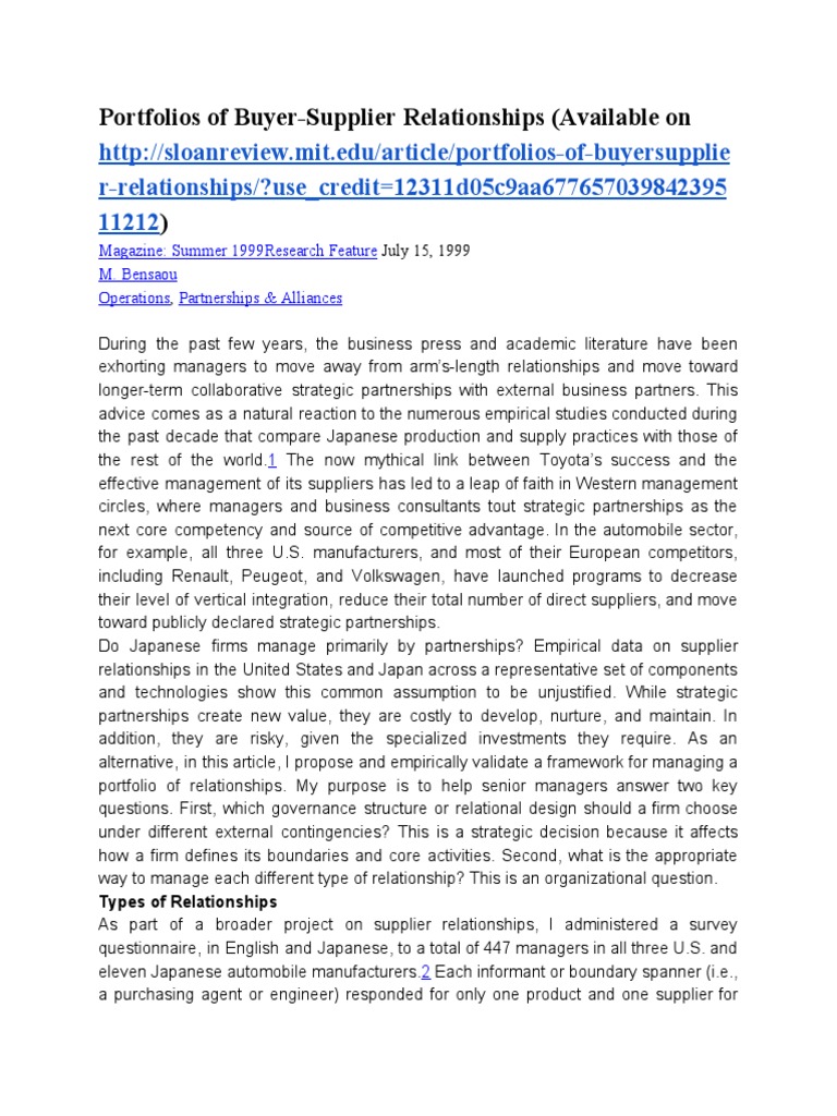 Bensaou's Supplier Relationship Framework | PDF