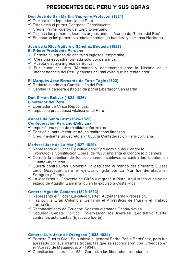 Presidentes Del Peru y Sus Obras | PDF | Perú | Gobierno