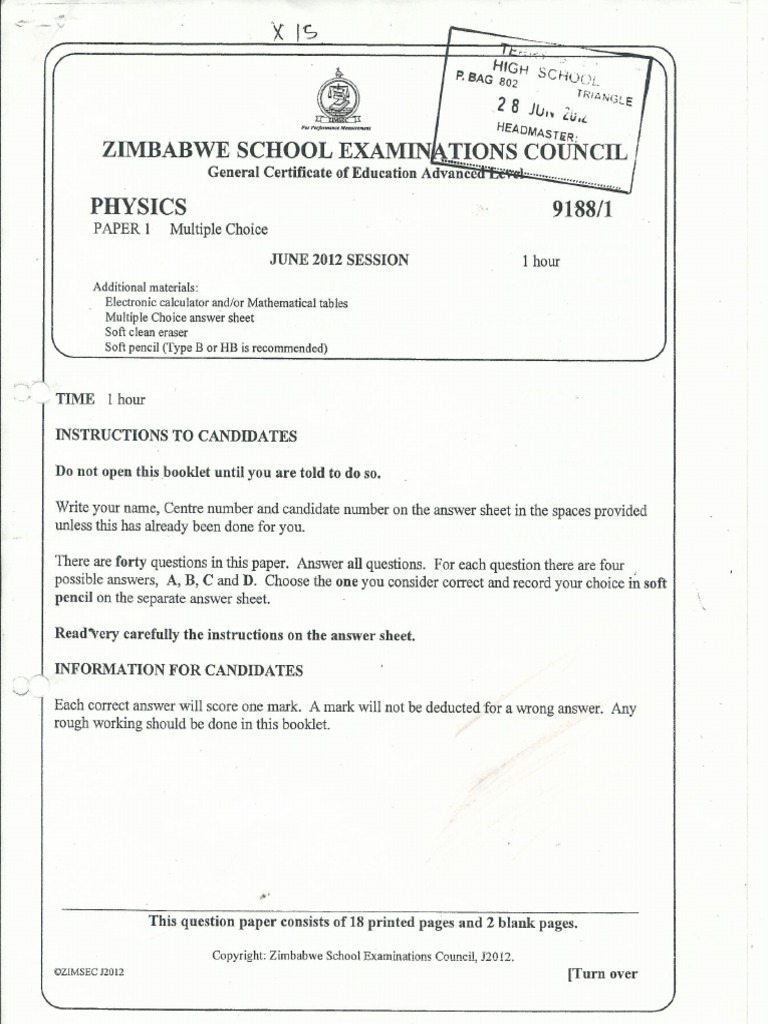 Zimsec June 2012 Paper 1 A Level PHYSICS | PDF