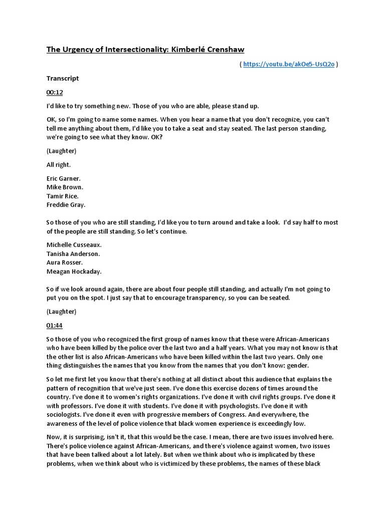 The Urgency of Intersectionality: Kimberlé Crenshaw: Transcript | PDF ...