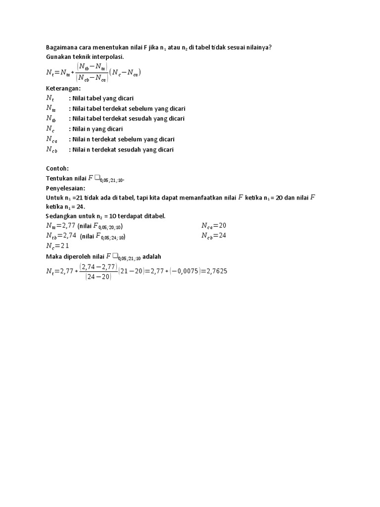 Bagaimana Cara Menentukan Nilai F Jika n1 Atau n2 Di Tabel Tidak Sesuai Nilainya | PDF