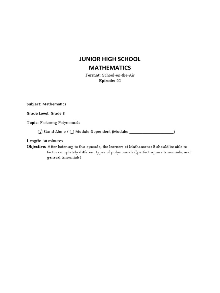 SLM Math 8 Q1M1 002 Script | PDF | Factorization | Mathematical Concepts