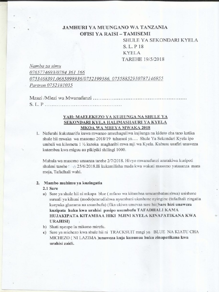 Kyela Day Secondary School Joining Instruction | PDF