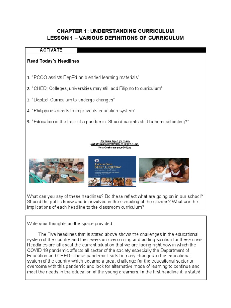 Chapter 1: Understanding Curriculum Lesson 1 - Various Definitions of ...