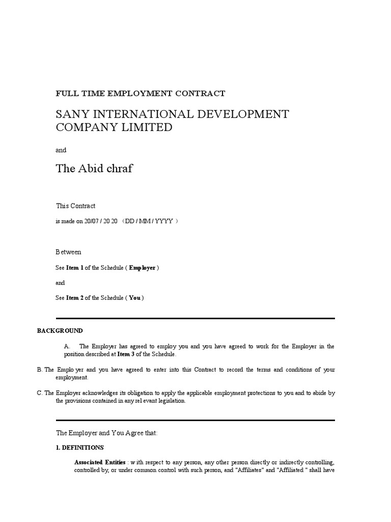 FULL TIME EMPLOYMENT CONTRACT Engles | PDF | Confidentiality | Employment