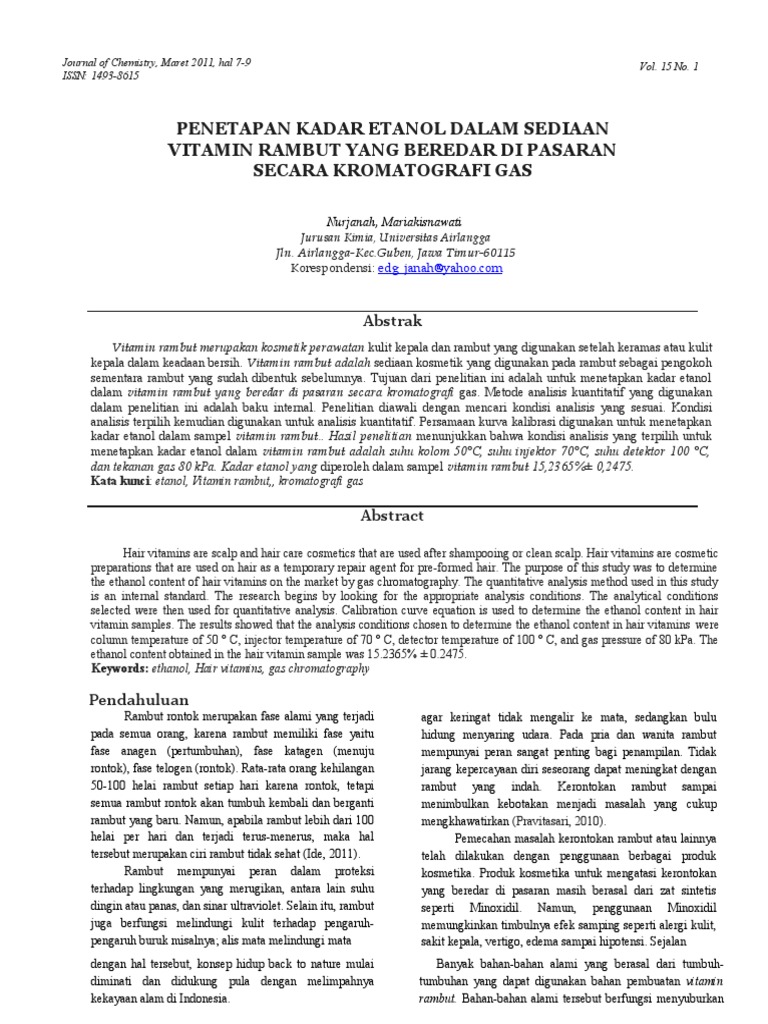 Penetapan Kadar Etanol Dalam Sediaan Vitamin Rambut Yang Beredar Di ...