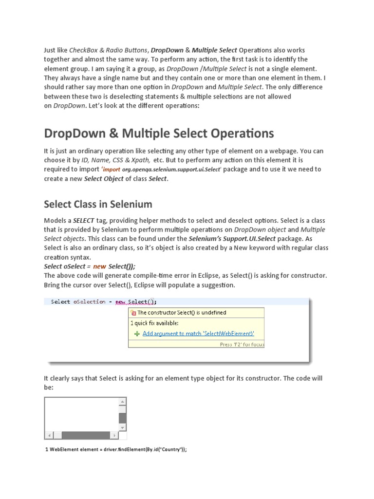 Dropdown & Multiple Select Operations: Select Class in Selenium | PDF | Parameter (Computer ...