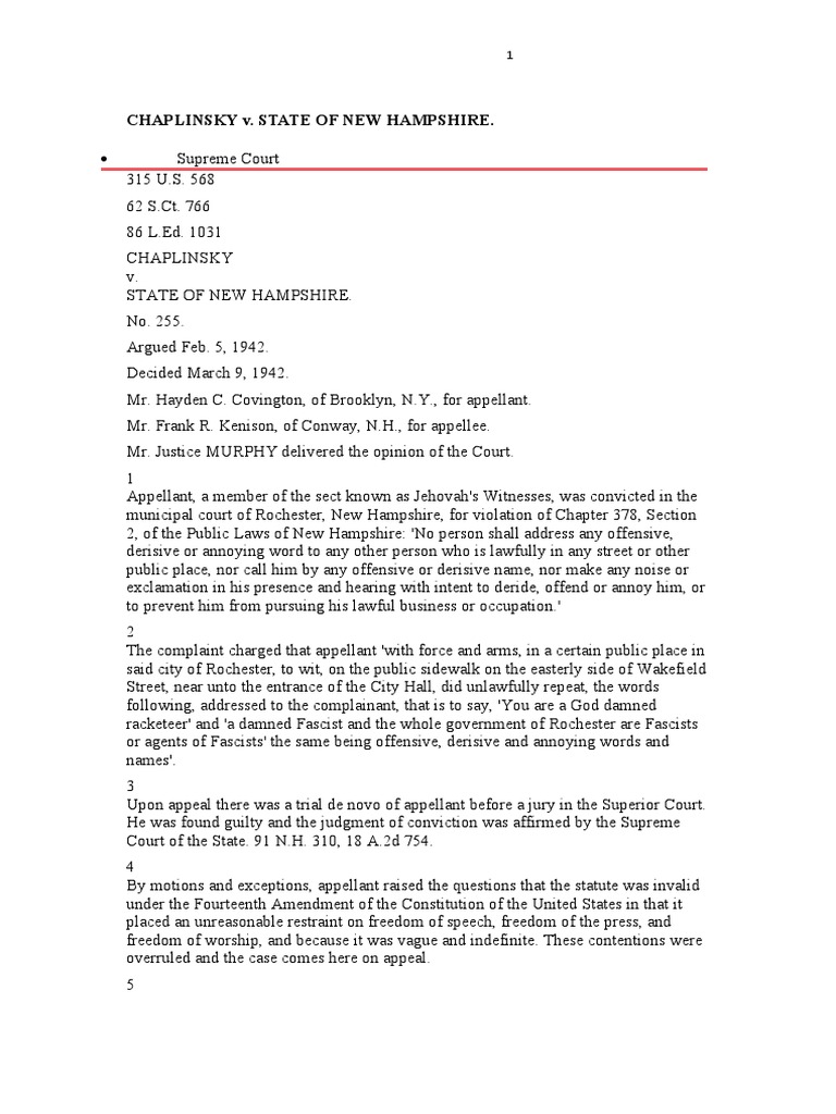 CHAPLINSKY V State of New Hampire | PDF | Cantwell V. Connecticut ...