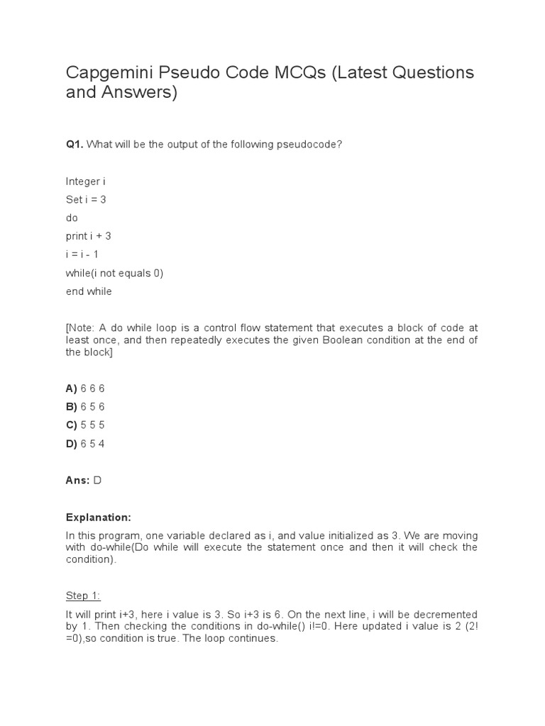 3 Capgemini Pseudo Code MCQs | PDF | Algorithms | Mathematical Logic