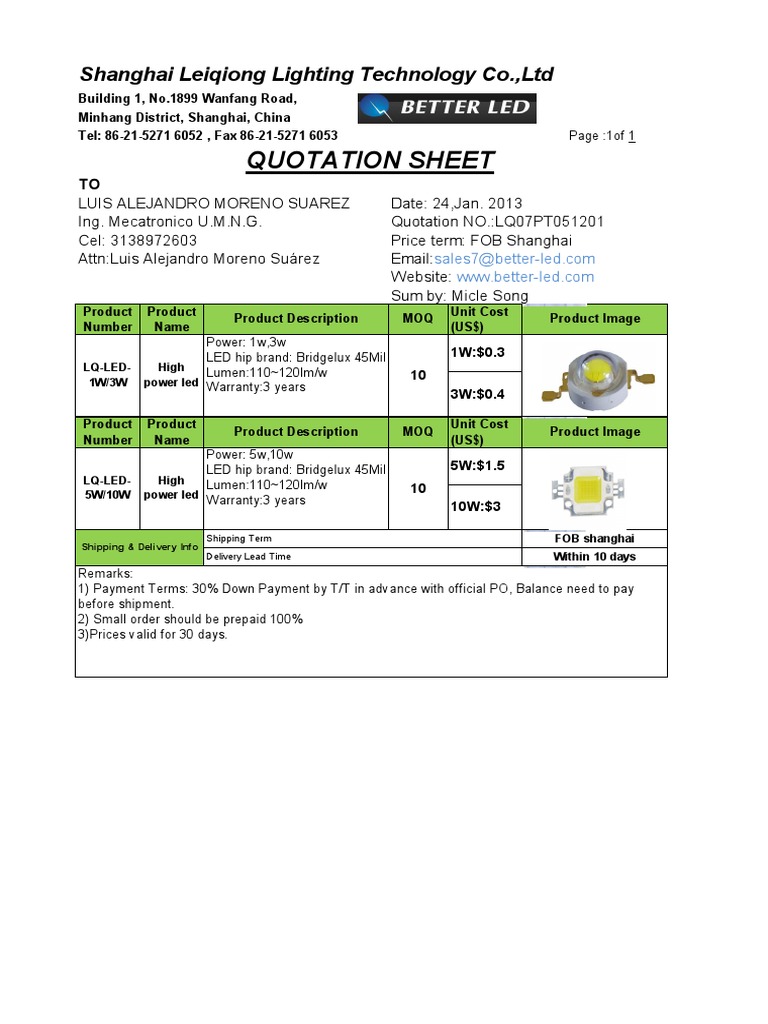 Quotation Sheet: Shanghai Leiqiong Lighting Technology Co.,Ltd | PDF
