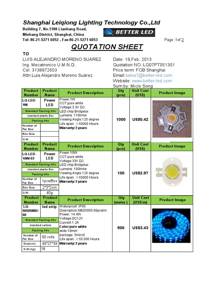 Quotation Sheet: Shanghai Leiqiong Lighting Technology Co.,Ltd | PDF