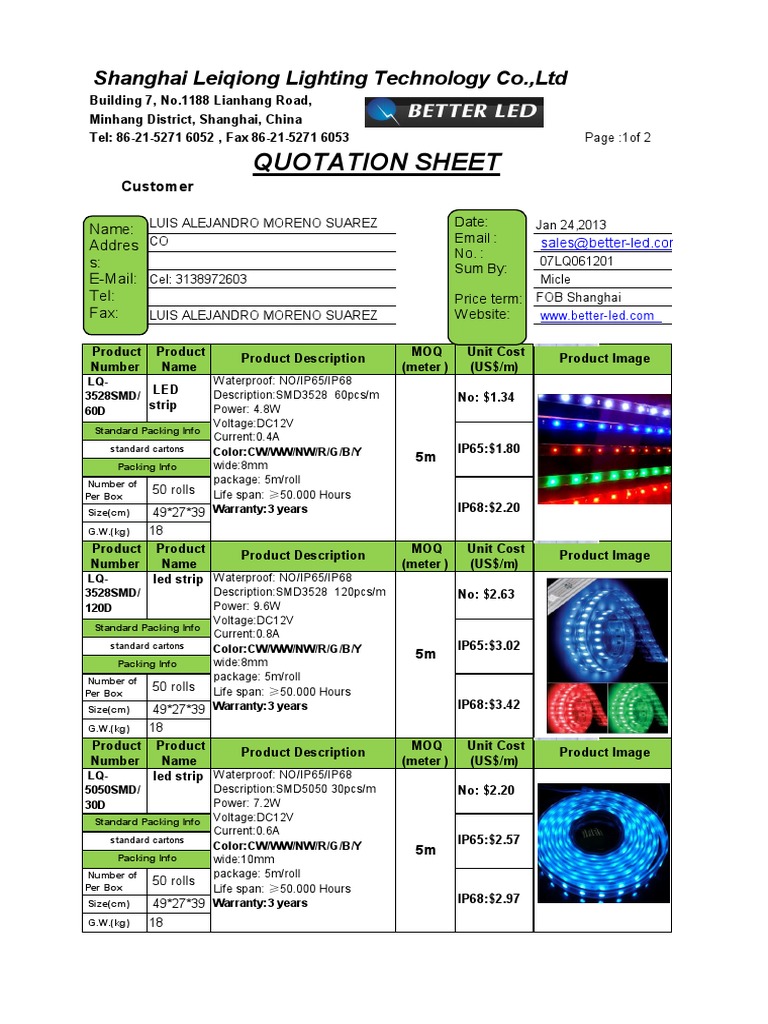Quotation Sheet: Shanghai Leiqiong Lighting Technology Co.,Ltd | PDF