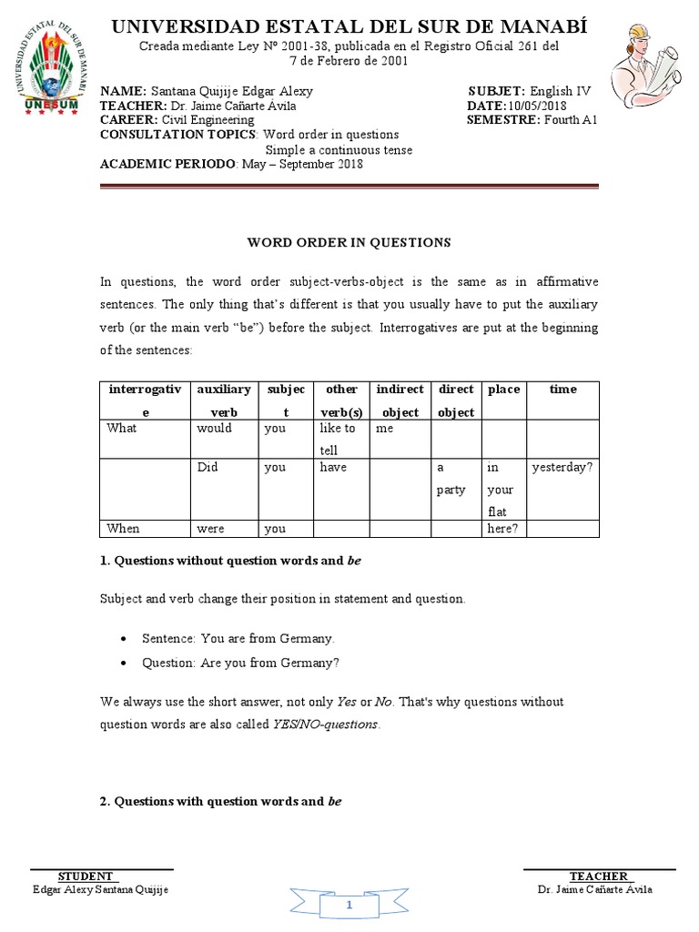 1A - Word Order in Question - 1-7 | PDF | Question | Subject (Grammar)