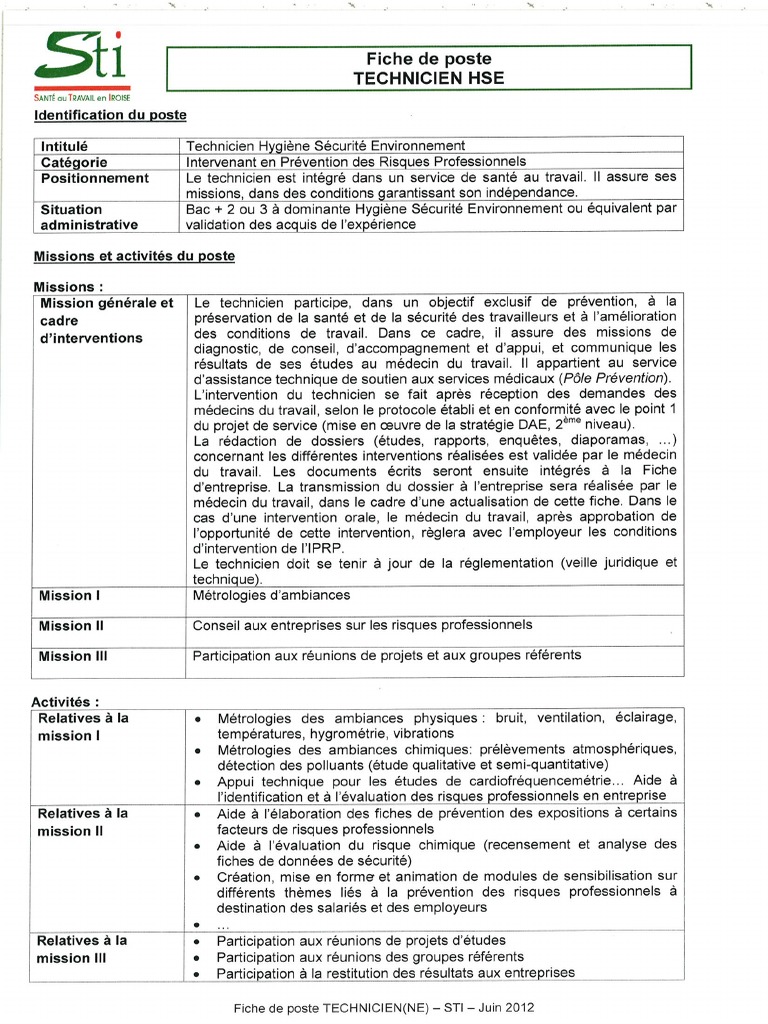 Fiche de Poste Technicien HSE | PDF