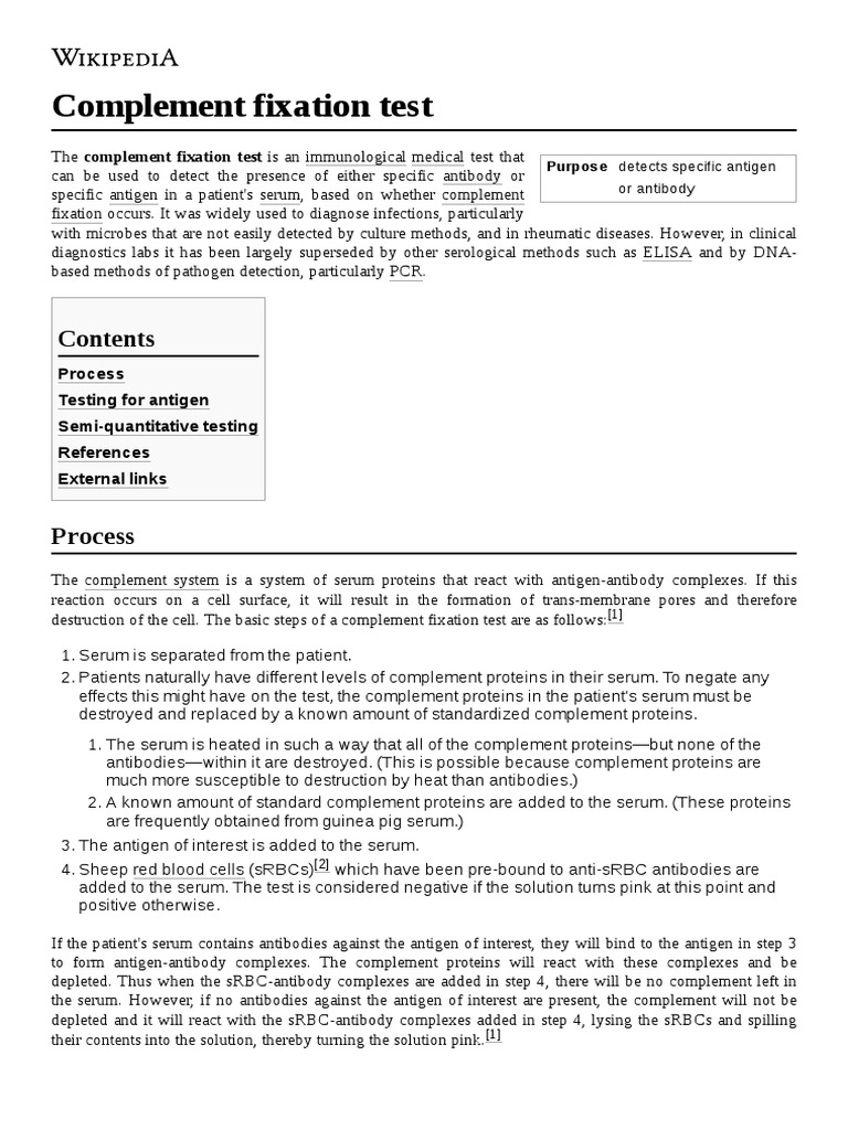 Complement Fixation Test: Process Testing For Antigen Semi-Quantitative ...