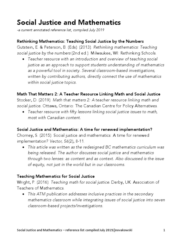 Social Justice in Mathematics Resources | PDF | National Council Of ...