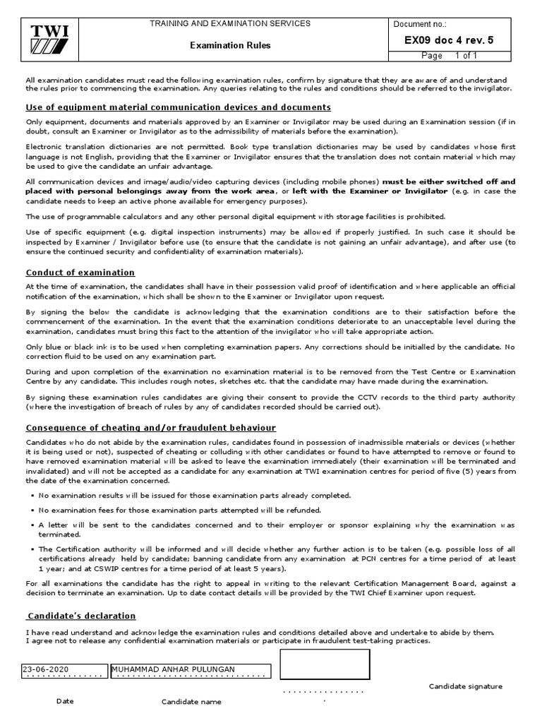 Exam Rules Form (Rev.5) | PDF | Test (Assessment) | Justice