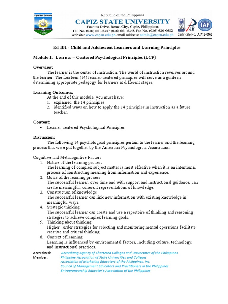 Ed 101 - Child and Adolescent Learners and Learning Principles Module 1 ...