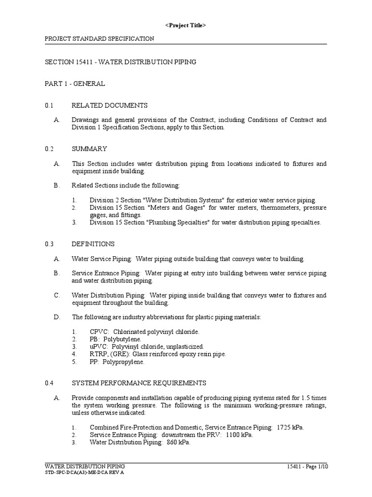 Project Standard Specification: Water Distribution Piping 15411 - Page ...