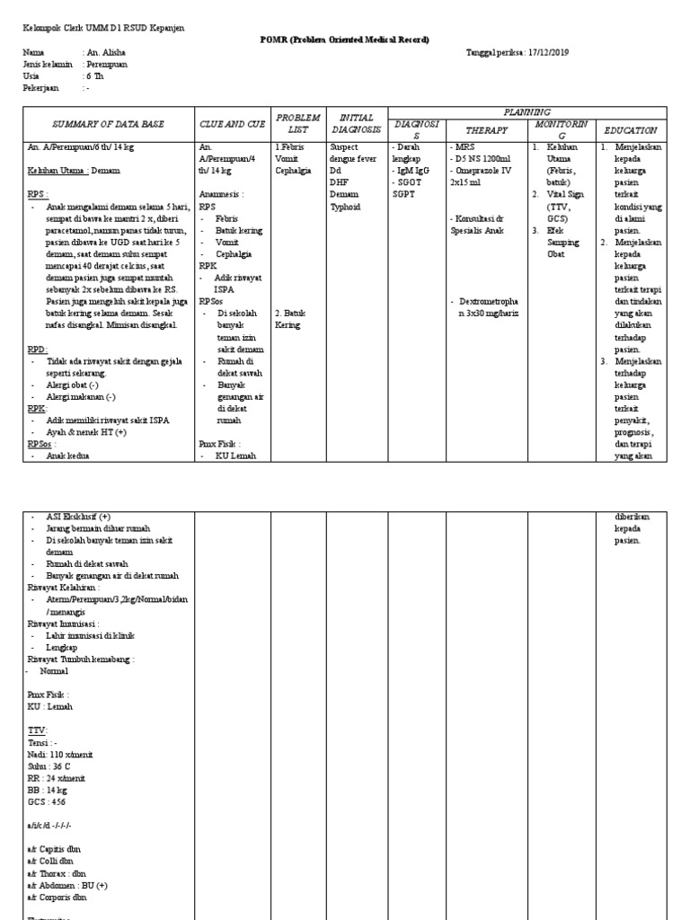 POMR Anak Dengue Fever Clerk D1 | PDF