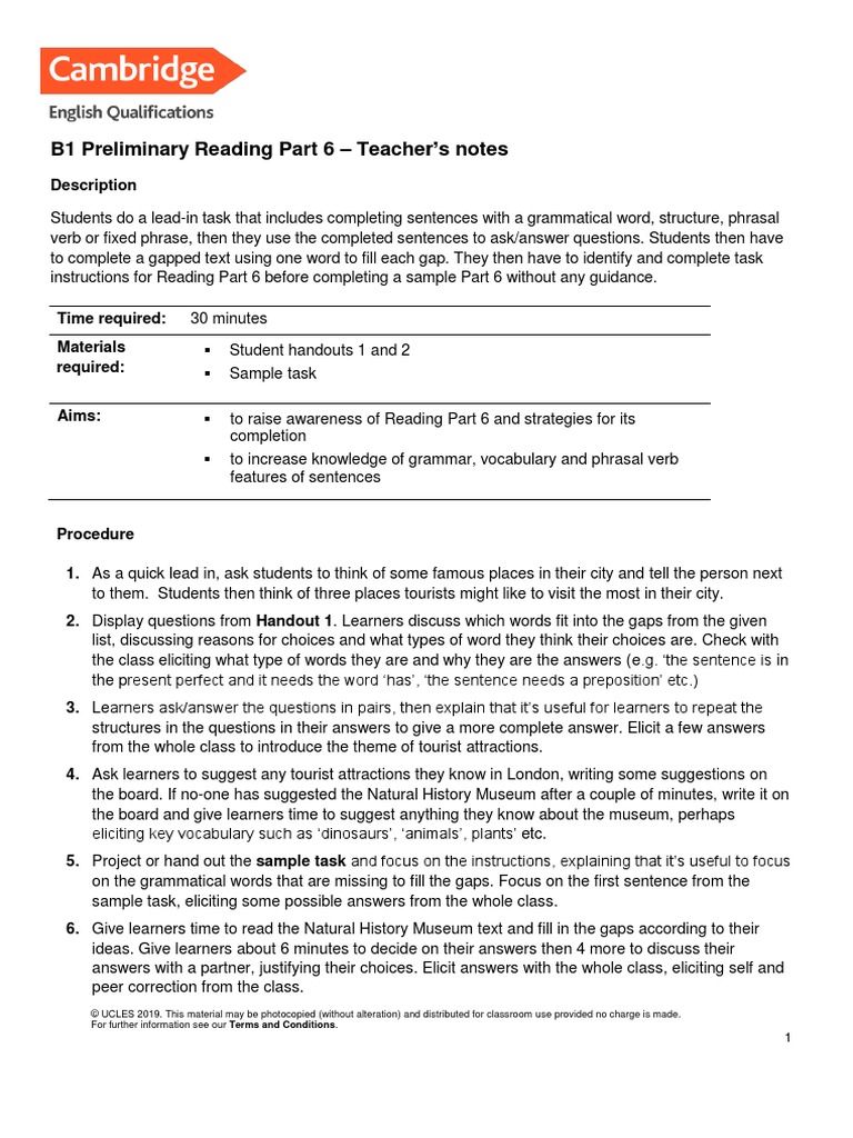 B1 Preliminary Reading Part 6 - Teacher's Notes | PDF | Question | Phrase
