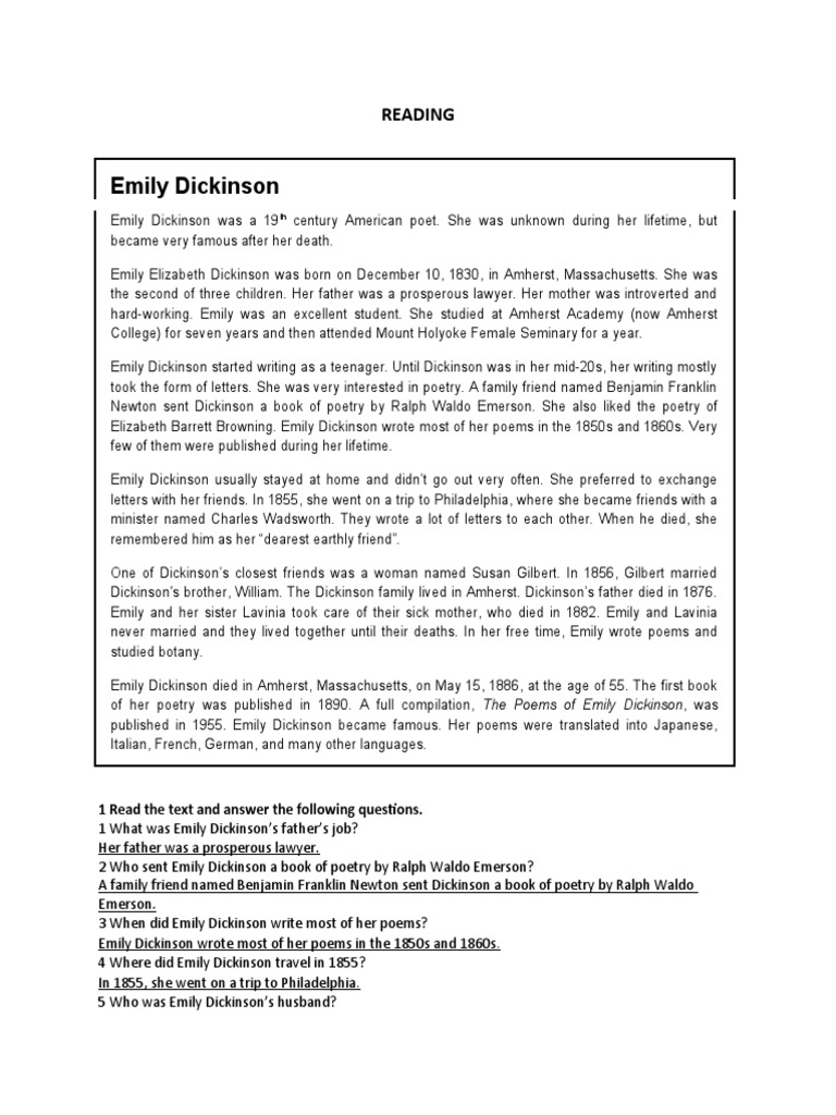 Emily Dickinson: Reading | PDF | Emily Dickinson | Writers