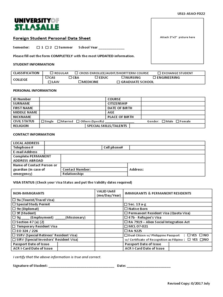 Foreign Student Personal Data Sheet | PDF | Travel Visa | Passport