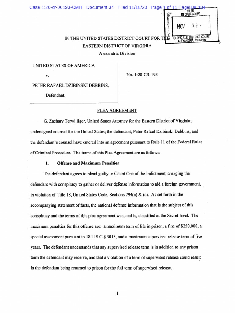 Debbins Plea Agreement for Espionage | PDF | Plea | United States ...