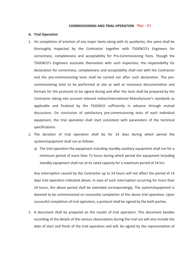 COMMISSIONING AND TRIAL OPERATION Rev01 | PDF | Business