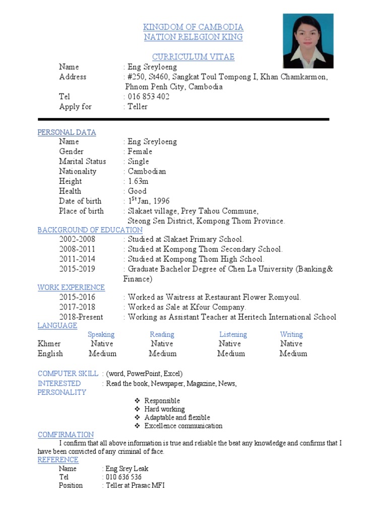 Kingdom of Cambodia Nation Relegion King Curriculum Vitae: Personal ...