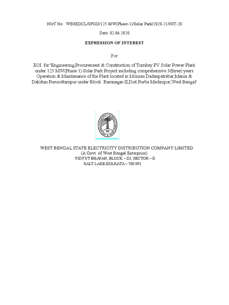 EOI for 125 MW Solar Power Plant Project | PDF | Solar Power | Business