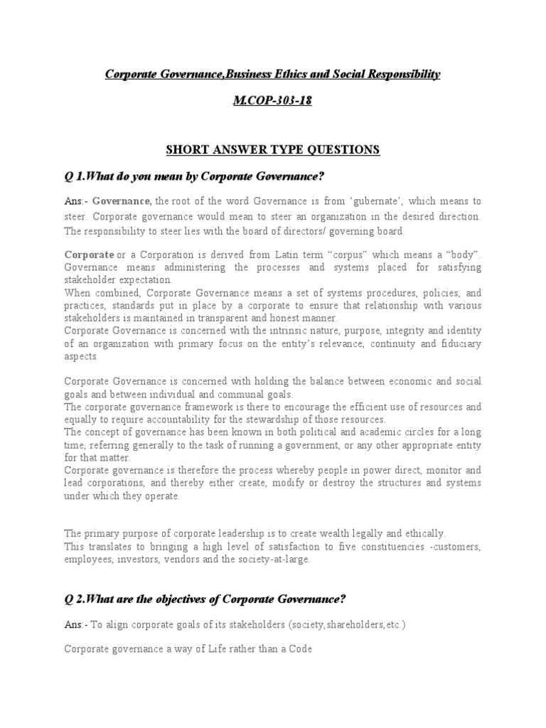 Short & Long Answer Type Questions (Corporate Governance) | PDF ...