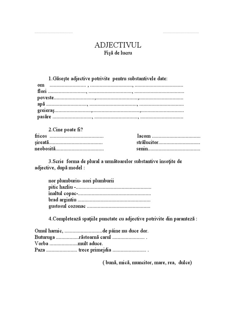 ADJECTIVUL Exerciții | PDF