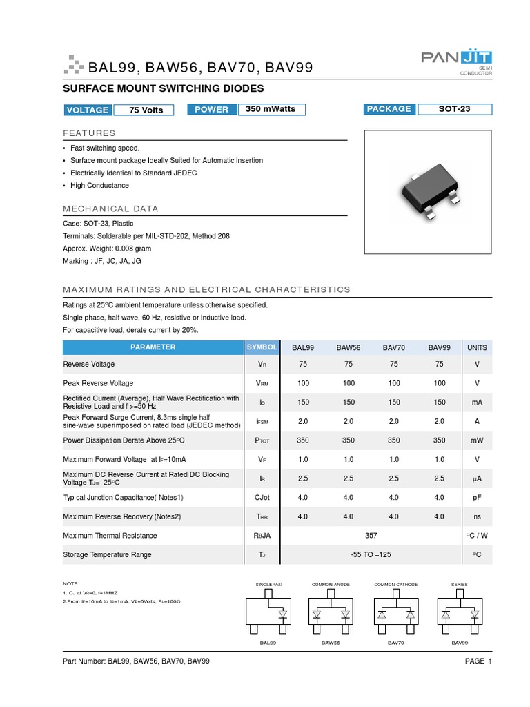 BAL99, BAW56, BAV70, BAV99: Surface Mount Switching Diodes | PDF ...