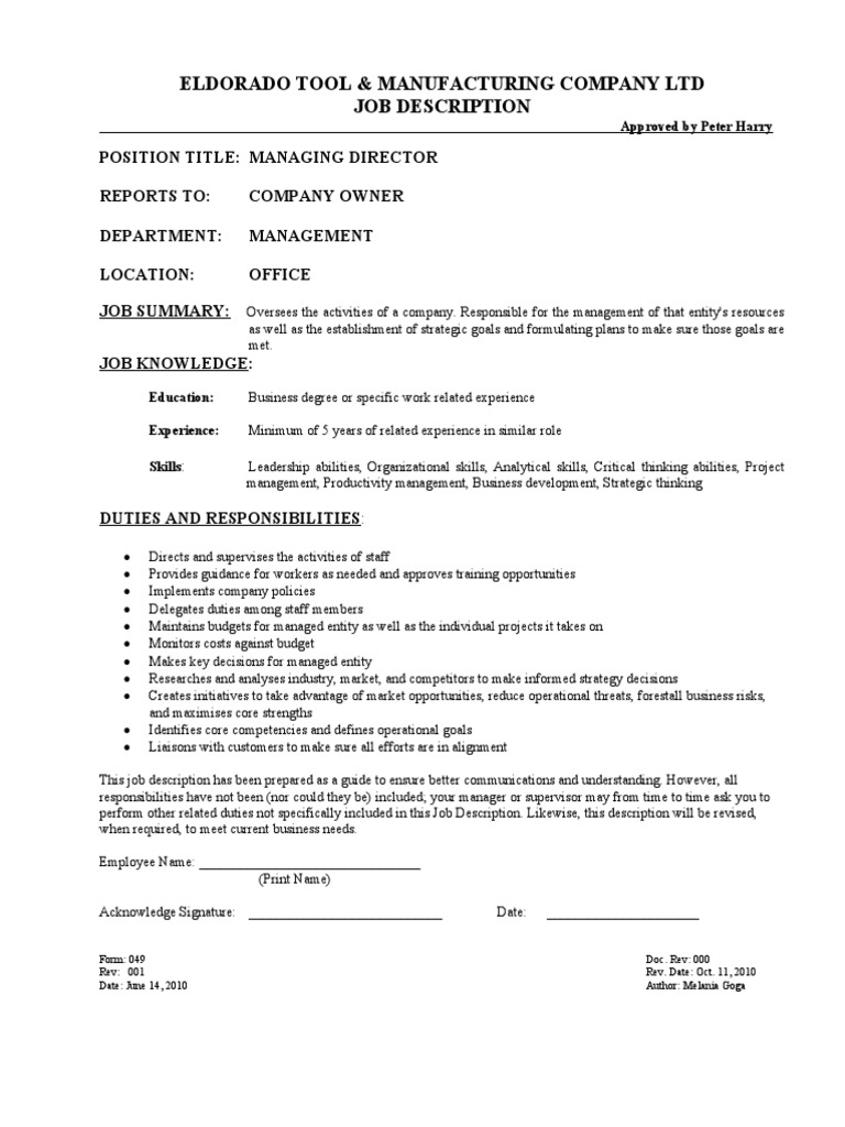 Strategic Leadership and Operational Management: Job Description for ...