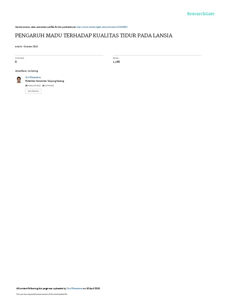 Pengaruh Madu Terhadap Kualitas Tidur Pada Lansia: October 2015 | PDF